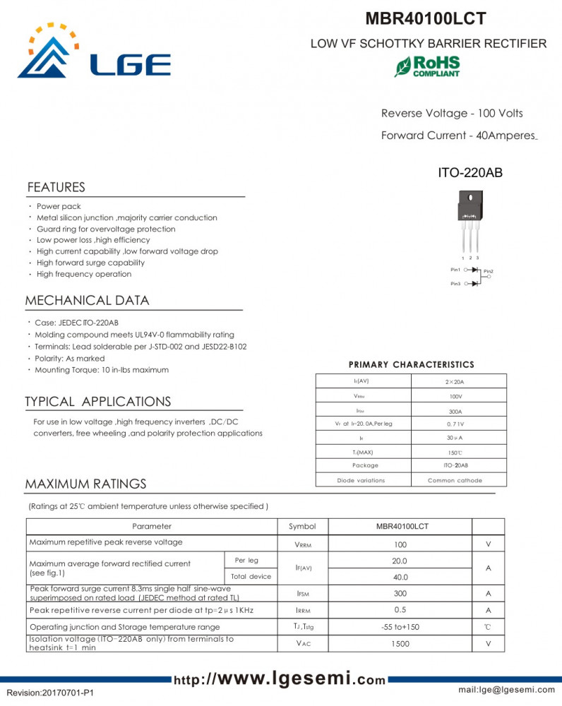 MBR40100LCT datasheet page 1