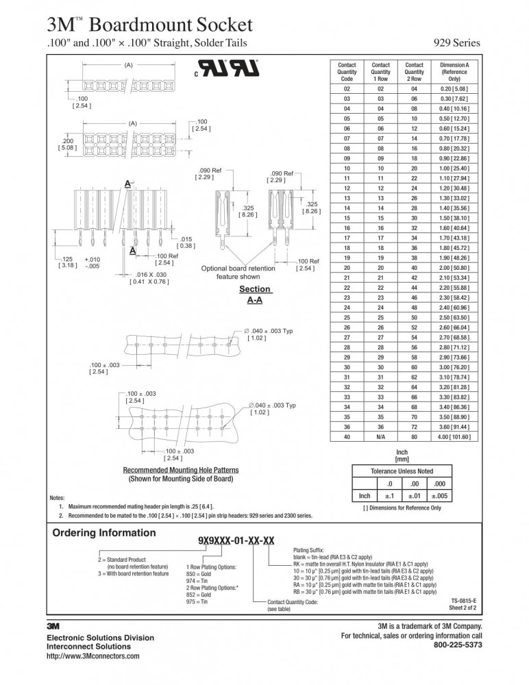 3M 929 Series Boardmount Socket technical document page 2