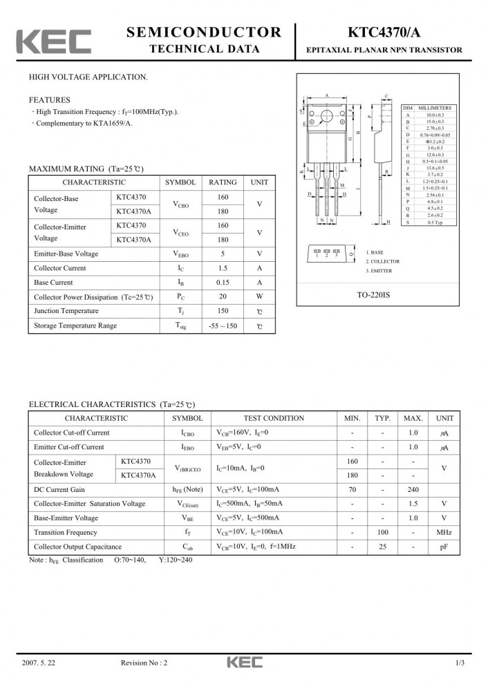 KTC4370A-Y-U/PF datasheet page 1