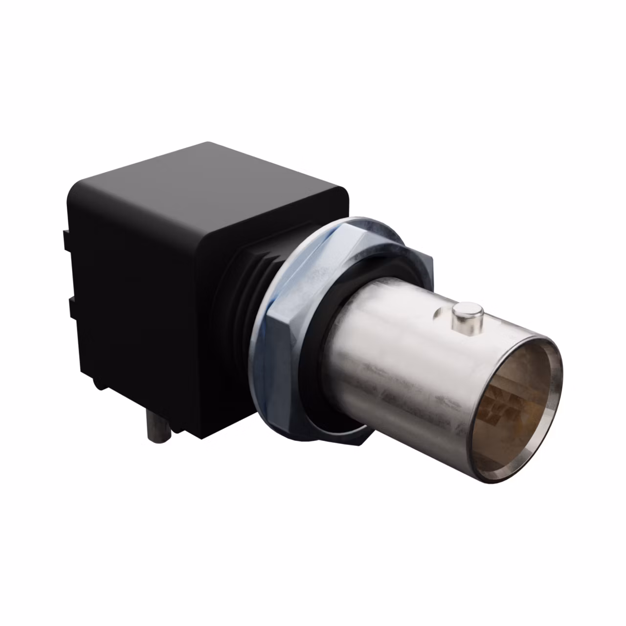 BNC Jack, Right-Angle, Bulkhead Receptacle, PCB, Through Hole, Panel Isolated, Black PBT Housing, Housing Height 15.88mm, Nut and Lockwasher Included, Tray, 75 Ohms for sale