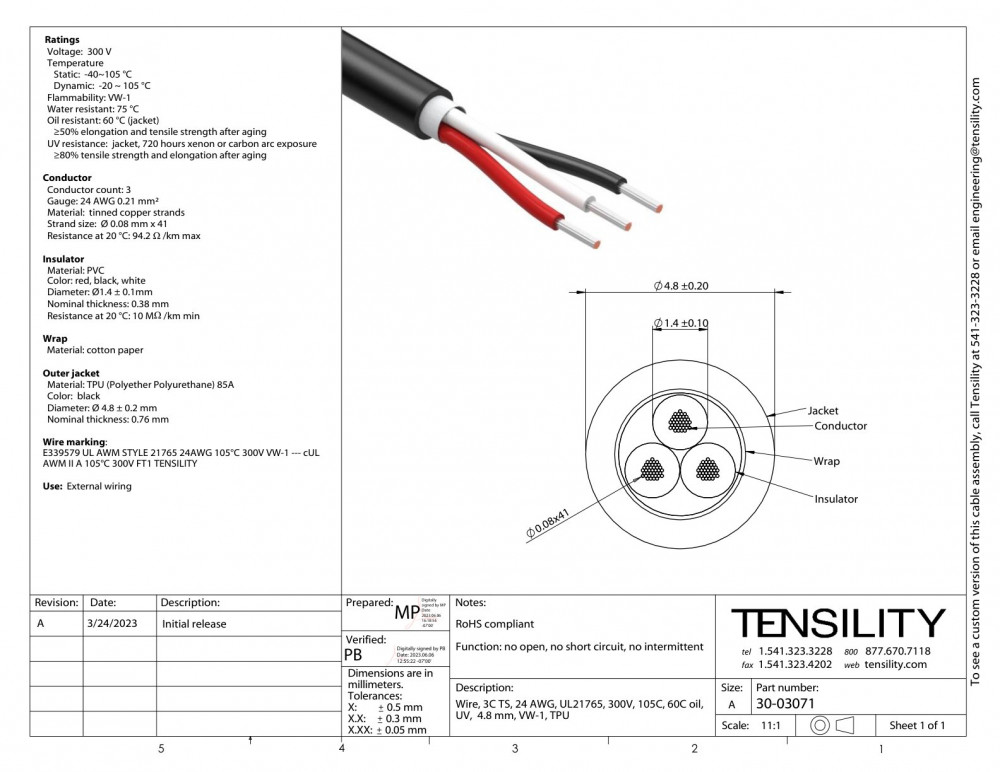 Tensility International 30-03071 wire drawing and specification sheet
