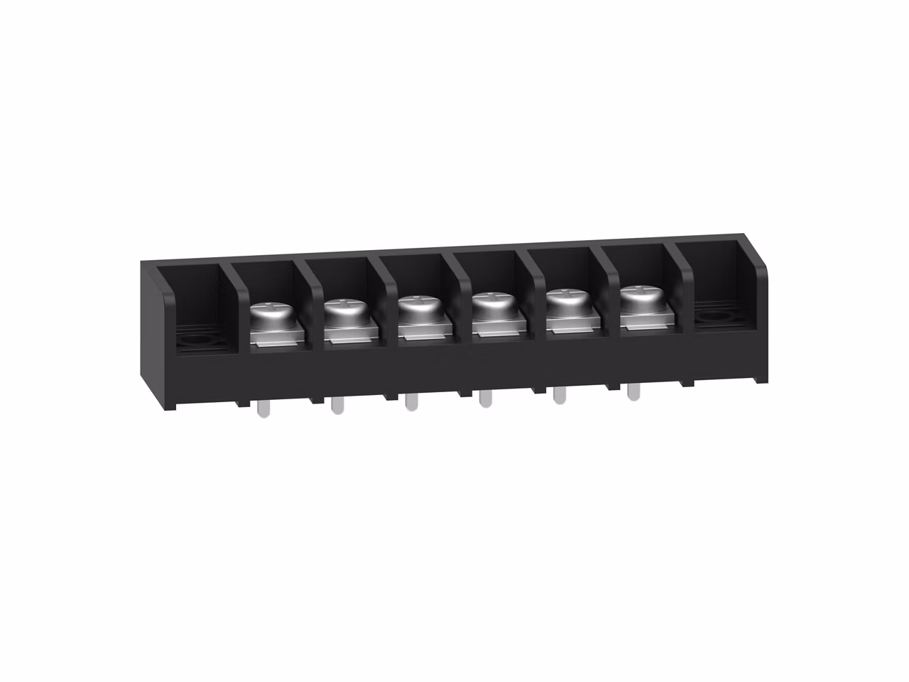 9.53mm Pitch, Single Row, Tri-Barrier Terminal Strip, with Mounting Ends, Black, Steel Screws, 7 Circuits