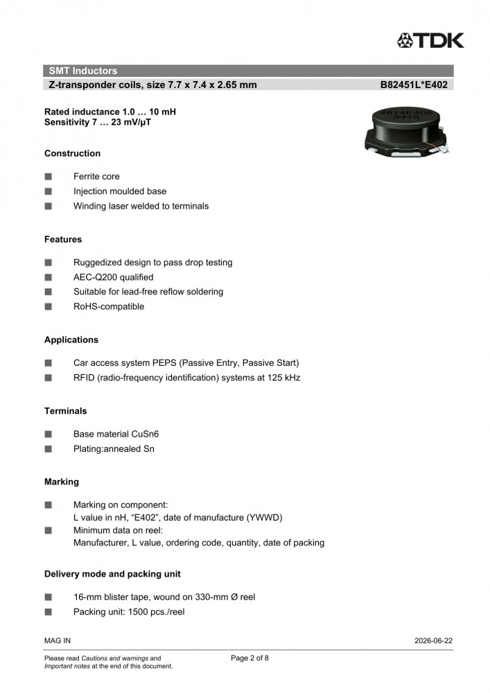 B82451L series technical document, page 2