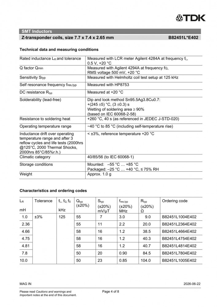 B82451L series technical document, page 4