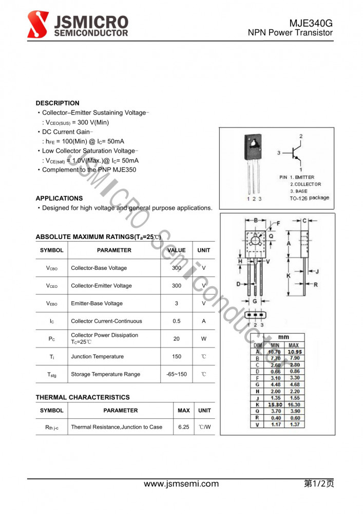 JSMSEMI MJE340G datasheet page 1