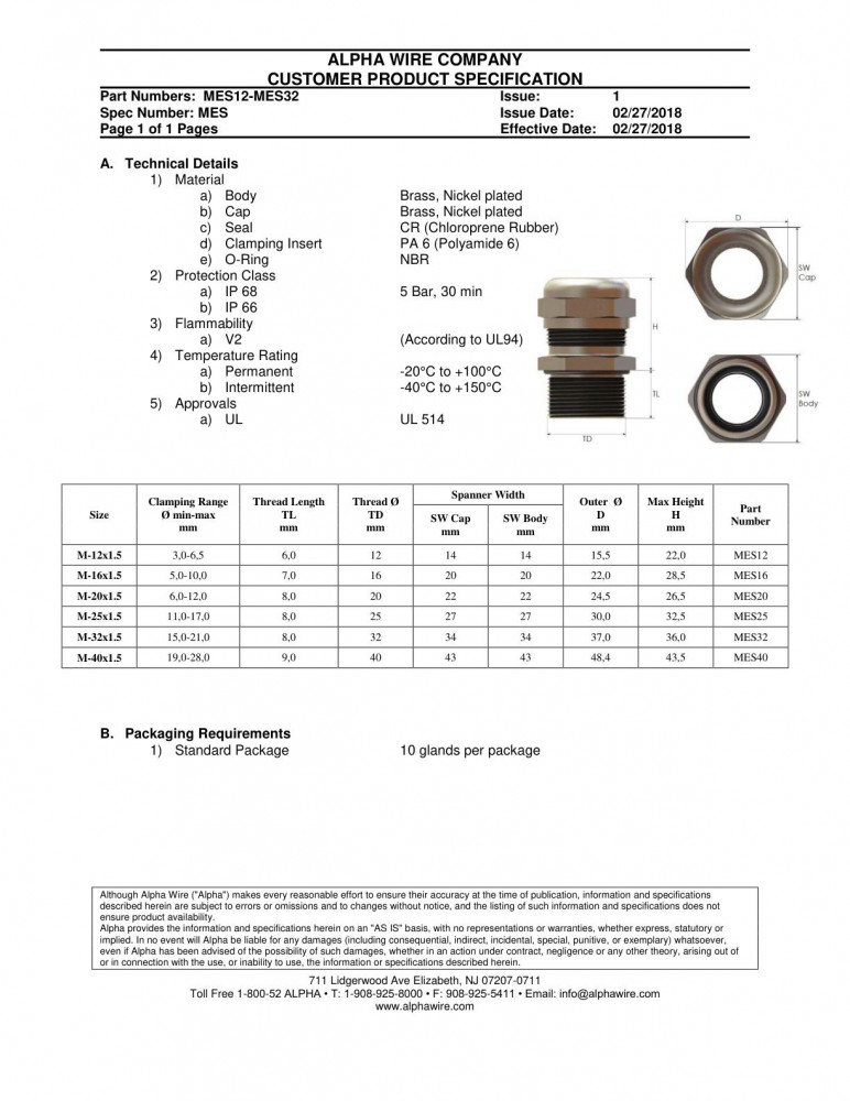 Alpha Wire MES12 cable gland specification image
