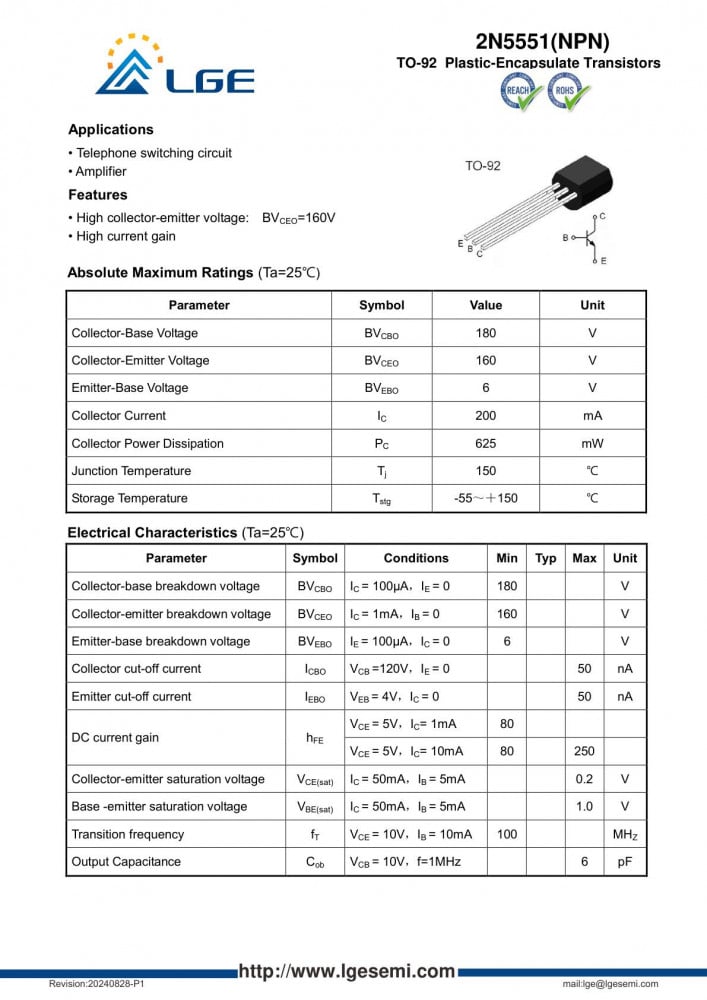 LGE 2N5551 datasheet page 1