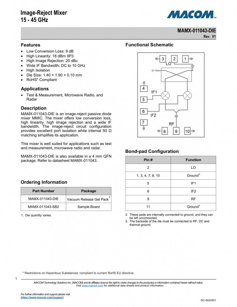 MAMX-011043-DIE datasheet page 1