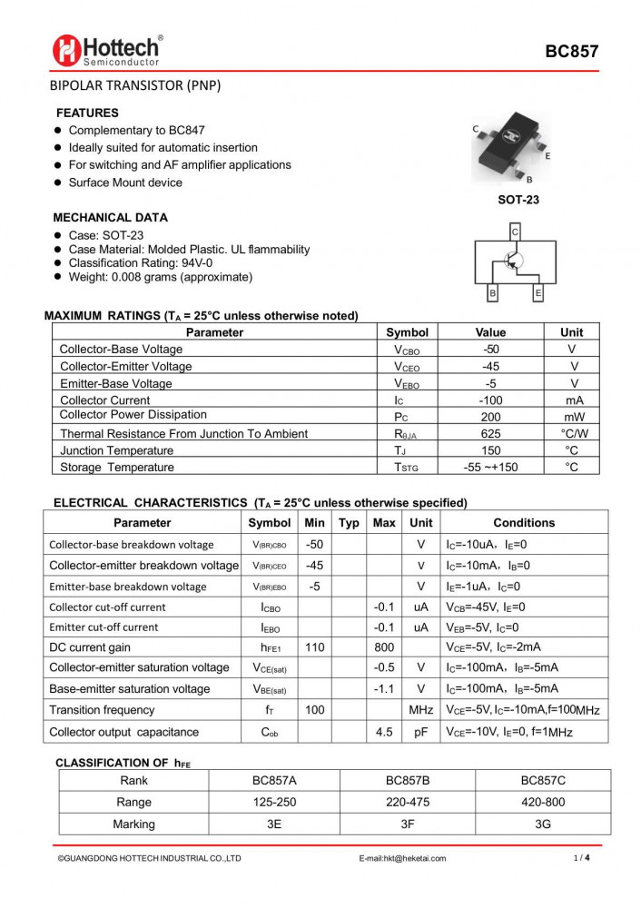 BC857A datasheet page 1