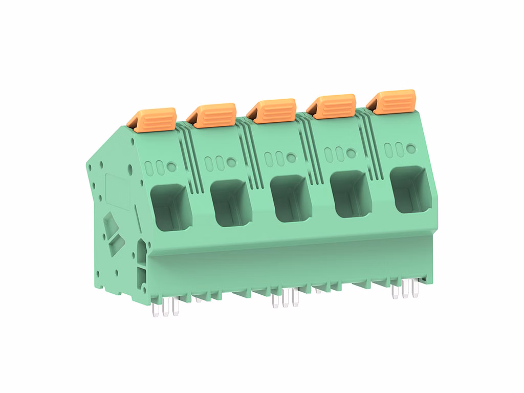 15.00mm Pitch Lever Activated Fixed Mount PCB Terminal Block, 35° Wire Entry, Left Front Terminal, 5 Circuits for sale