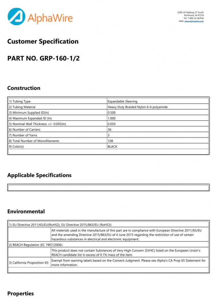 Alpha Wire GRP-160-1/2 technical document page 1