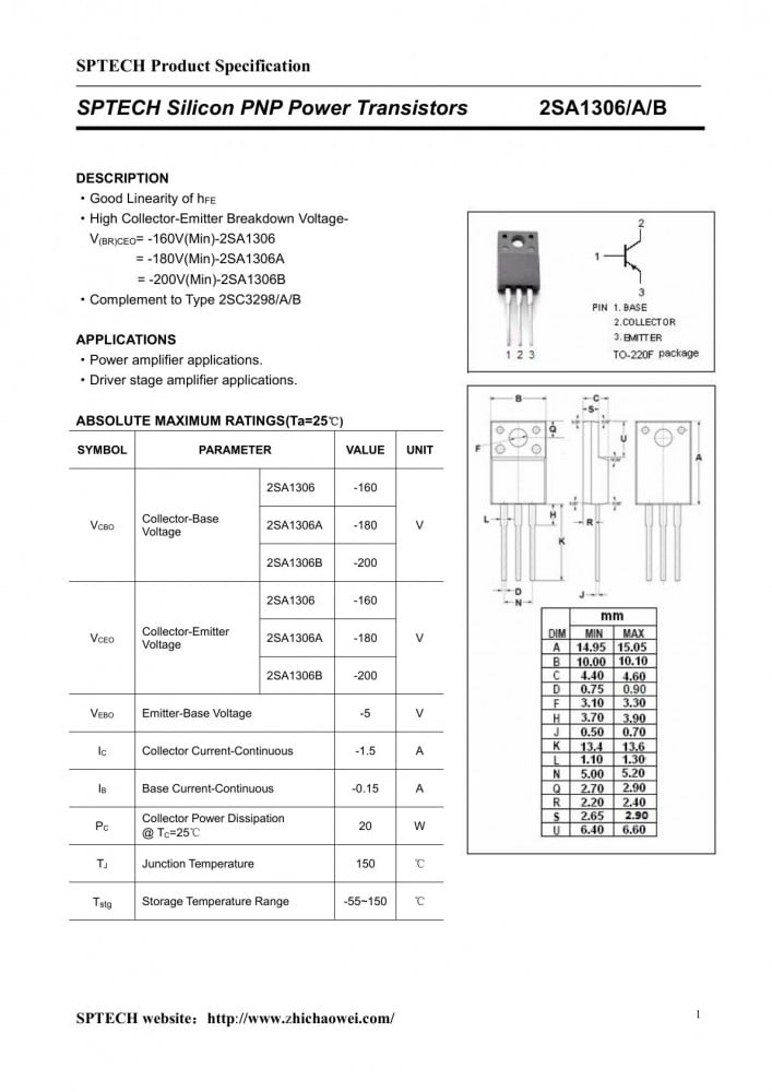 2SA1306 SPTECH datasheet page 1