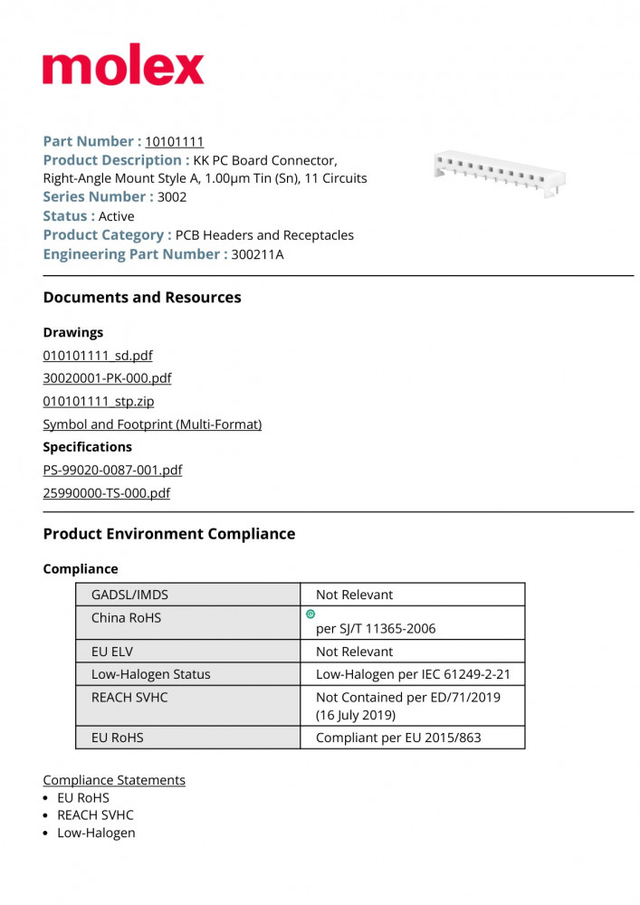 Molex KK 508 connector specification preview, page 1