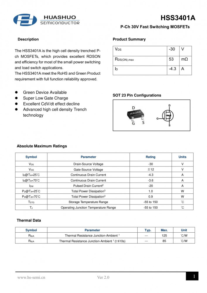 HSS3401A datasheet page 1
