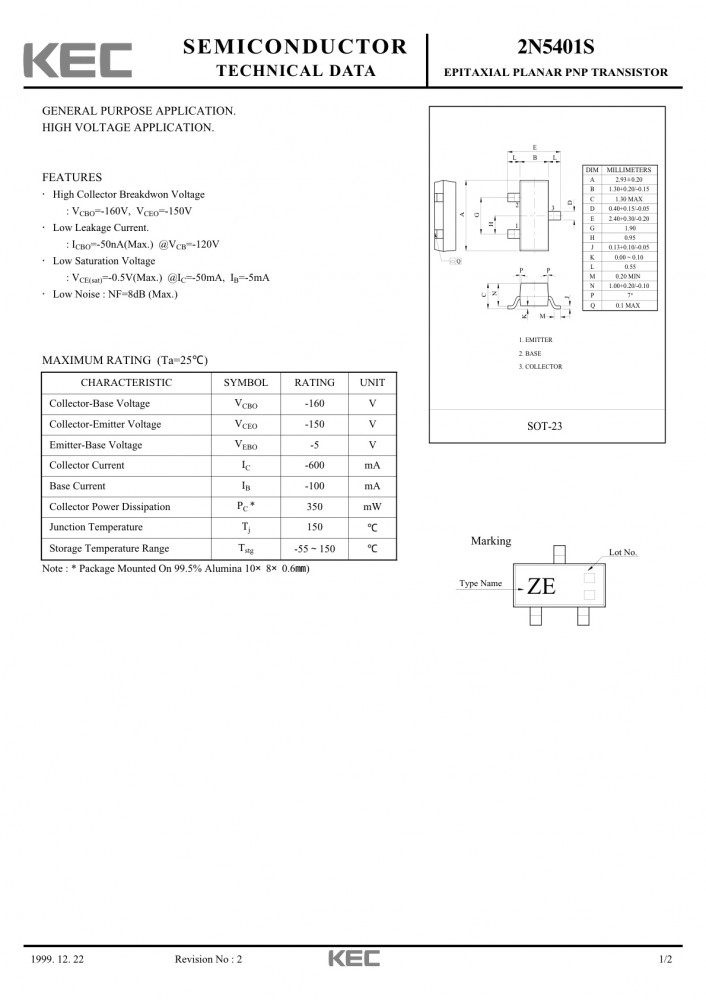 KEC 2N5401S-RTK/P datasheet page 1