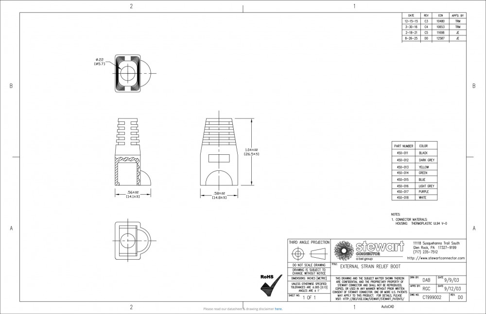 450-011 external strain relief boot technical drawing