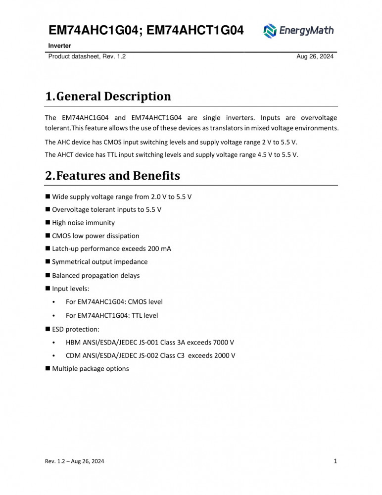EM74AHC1G04GV datasheet page 1