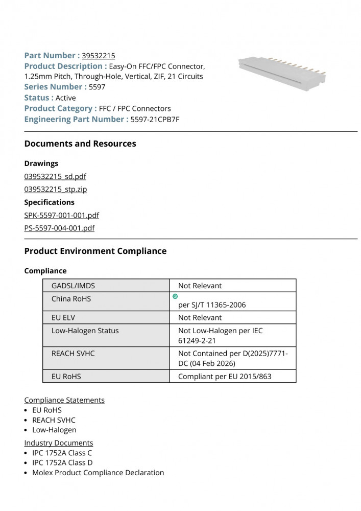 MOLEX 39532215 technical document page 1
