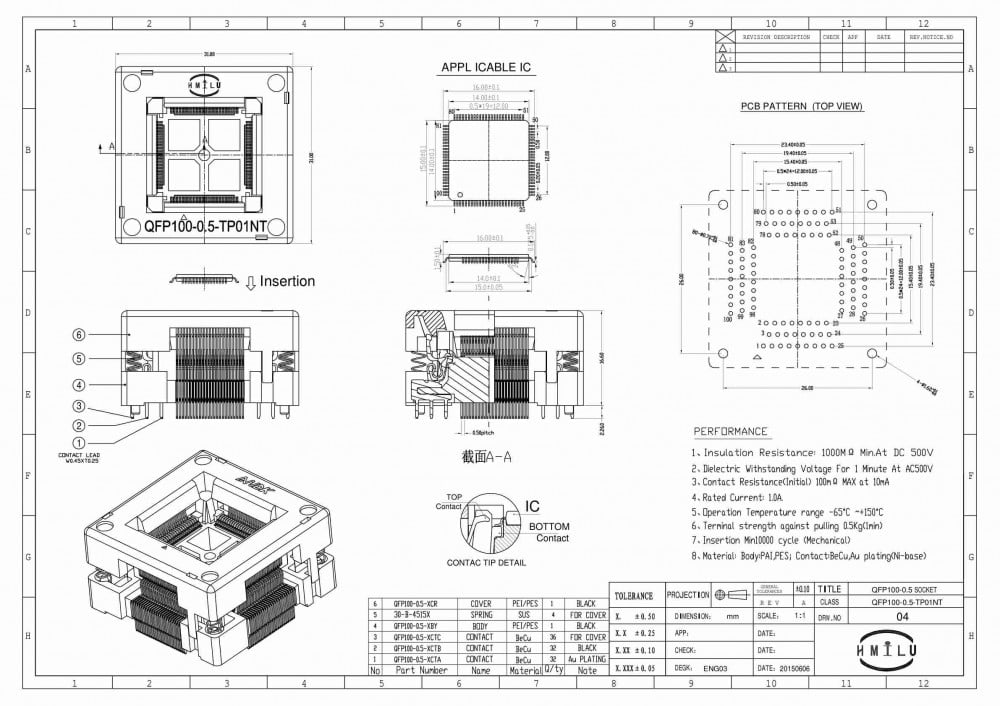 HMILU QFP100-0.5 socket technical drawing