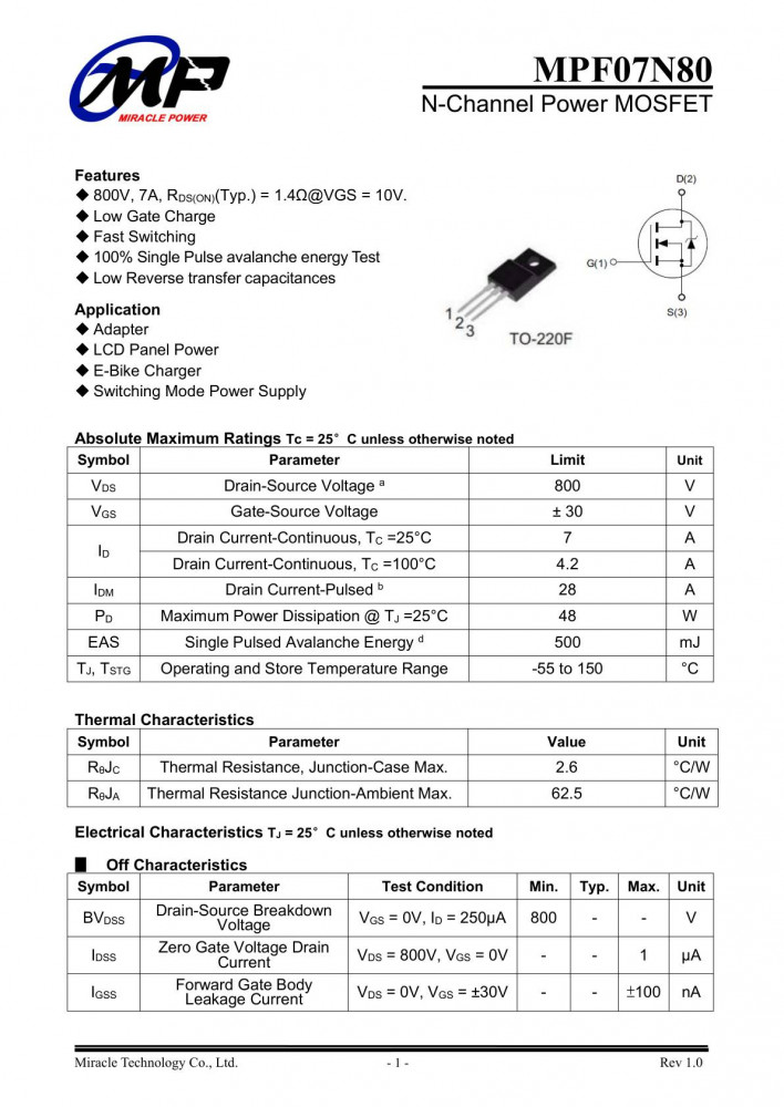 MPF07N80 datasheet page 1