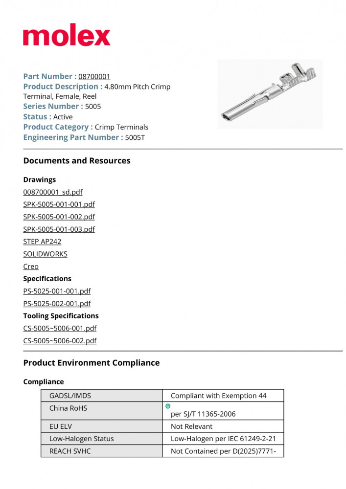 MOLEX 5025(T) connector specification, document page 1