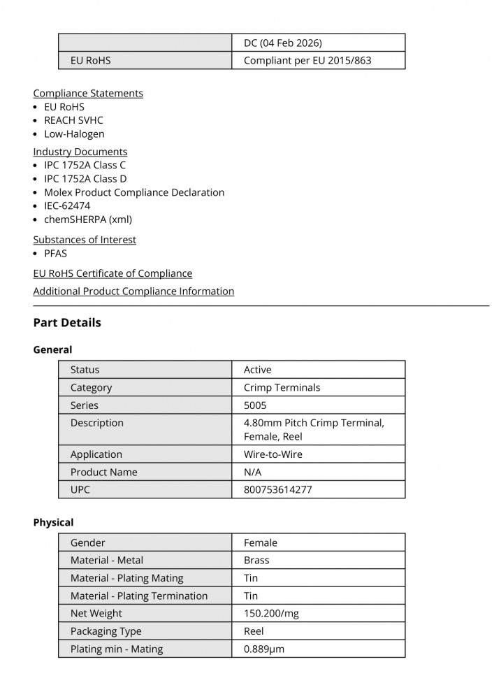 MOLEX 5025(T) connector specification, document page 2