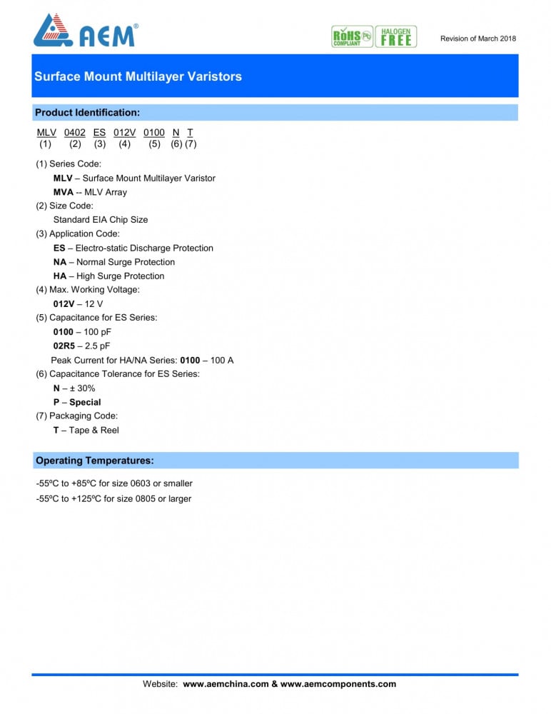 AEM MLV ES series datasheet page 2