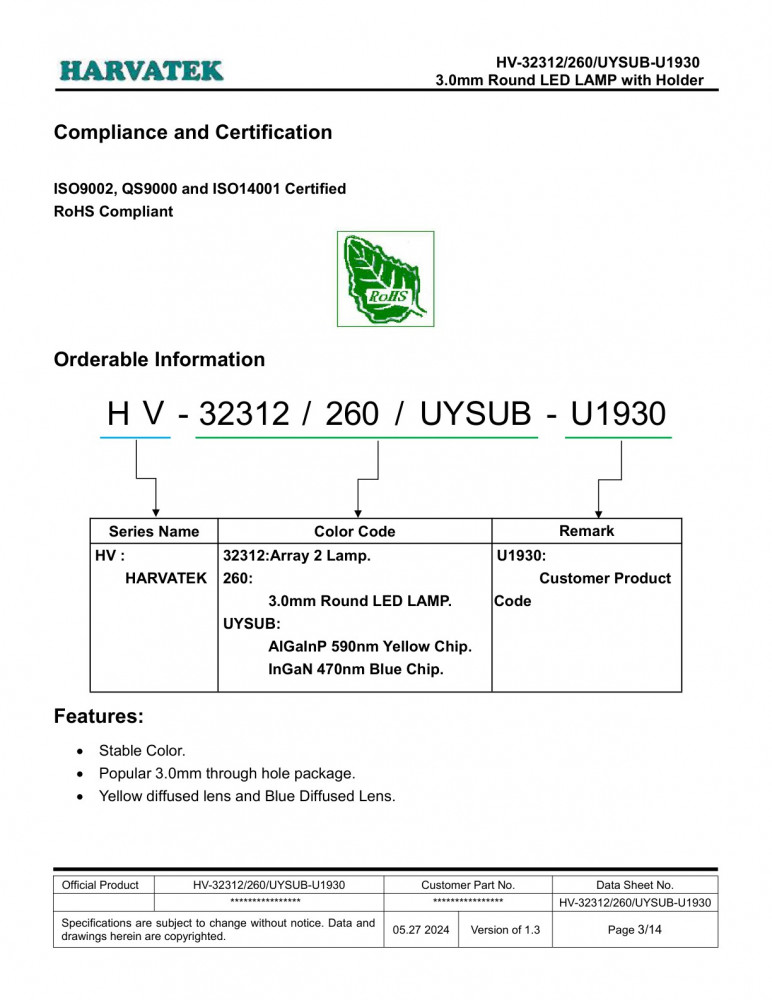 HV-32312/260/UYSUB-U1930 datasheet page 3