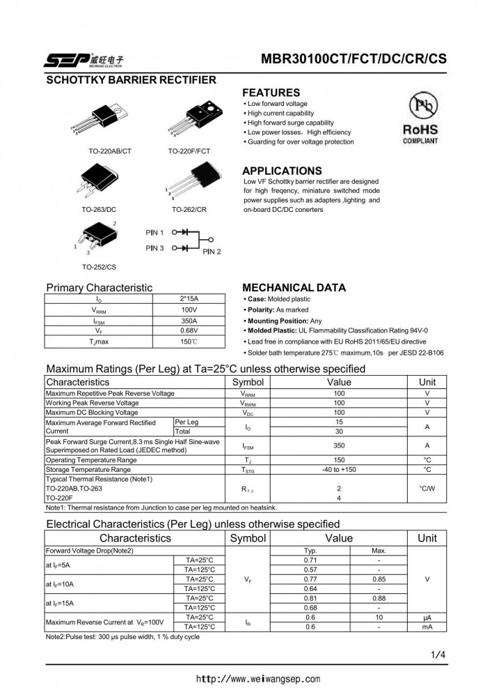 MBR30100FCT datasheet page 1