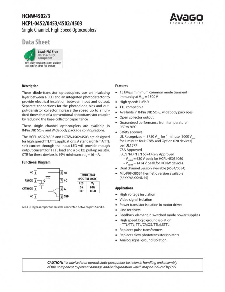 HCNW4503-500E datasheet page 1