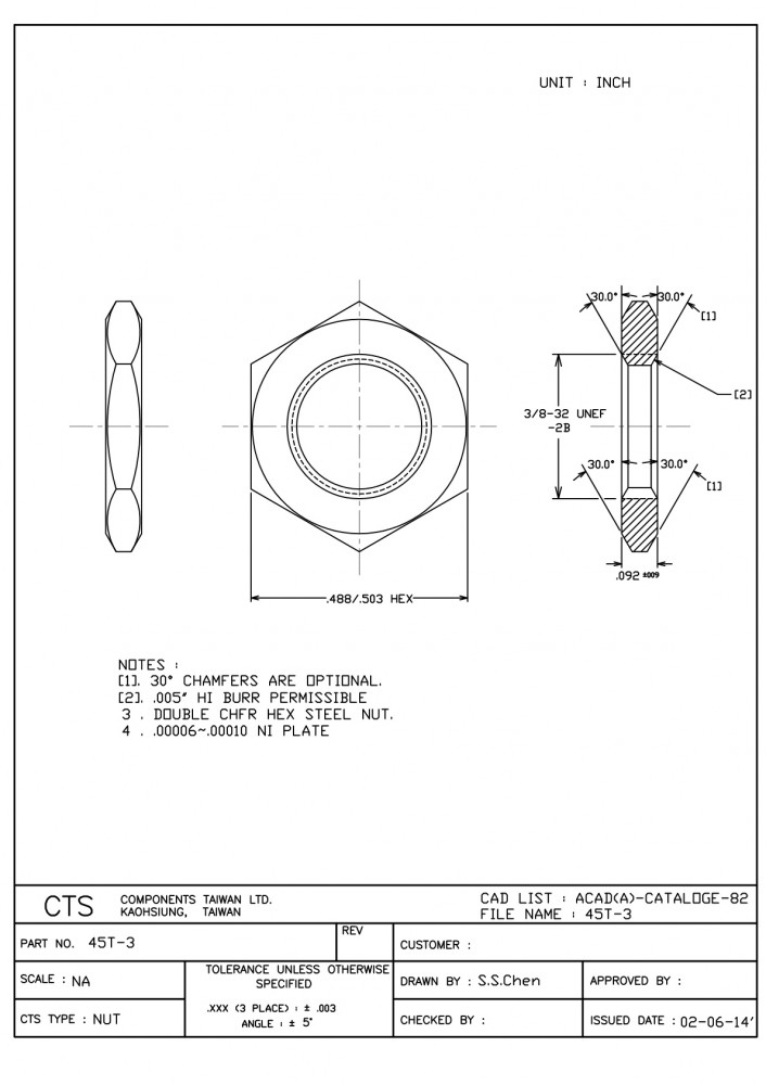 45T-3 steel hex nut technical drawing