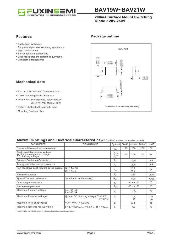 BAV21W technical document page 1