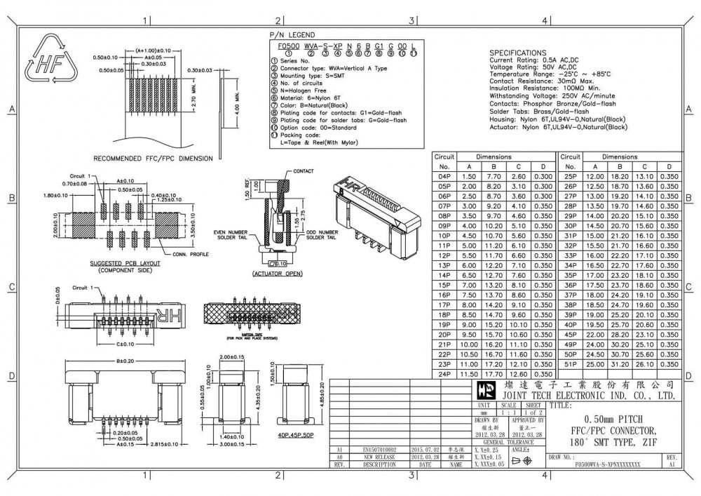 Joint Tech Elec F0500WVA series technical drawing