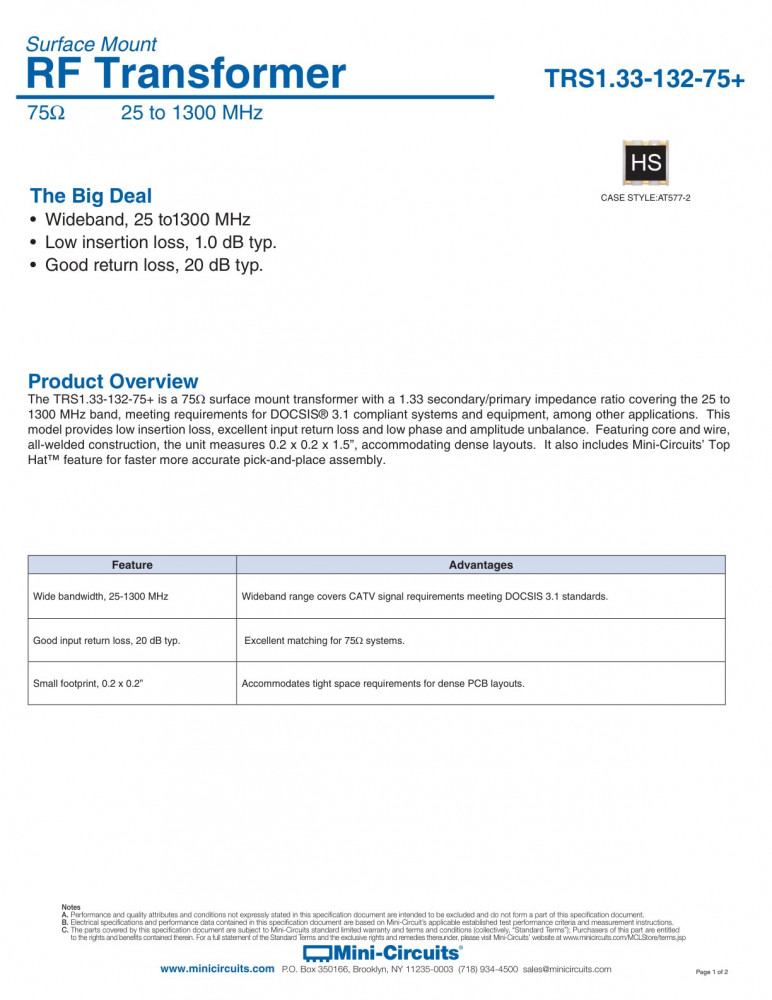 TRS1.33-132-75+ technical document page 1