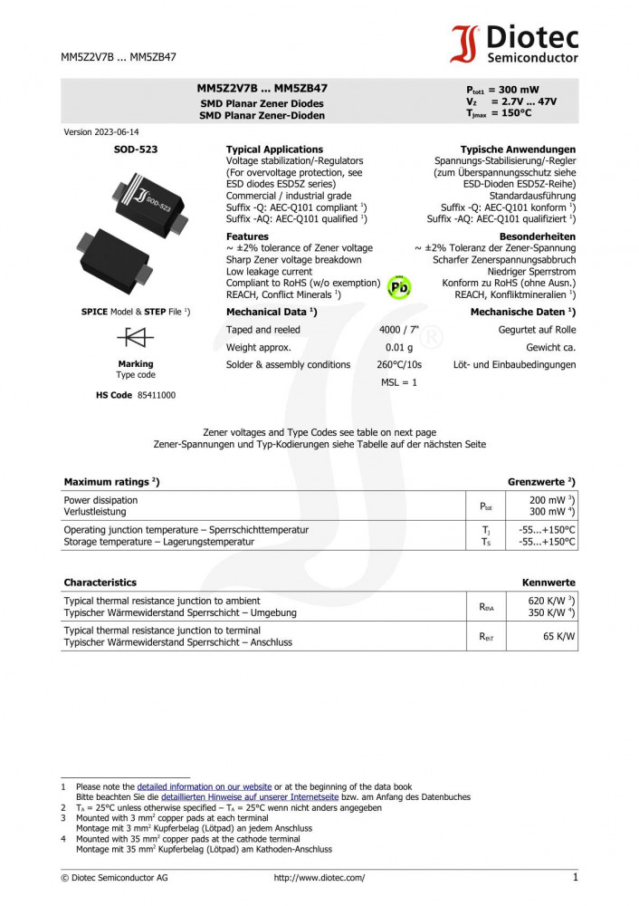 DIOTEC MM5Z3V6B datasheet page 1