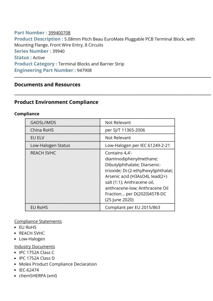 Technical document image 1 for MOLEX 399400708