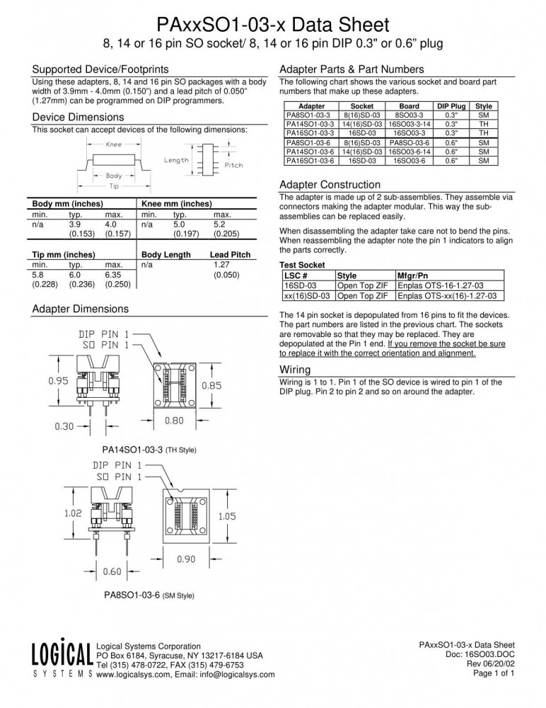 Logical Systems PA14SO1-03-3 adapter datasheet page