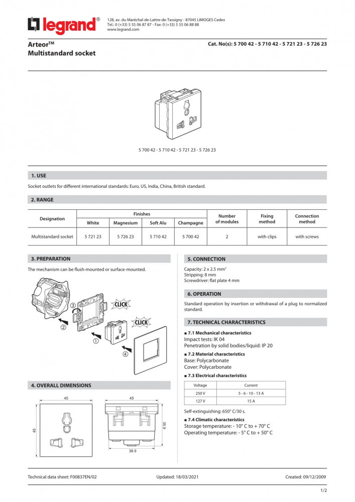 Legrand Arteor multistandard socket technical document page 1