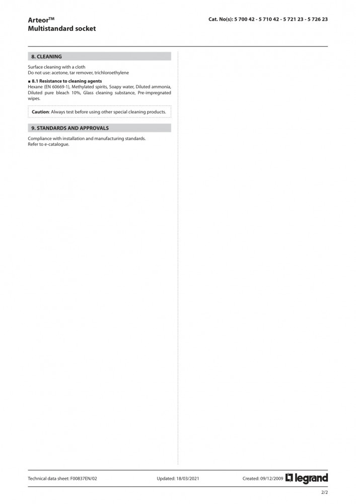 Legrand Arteor multistandard socket technical document page 2