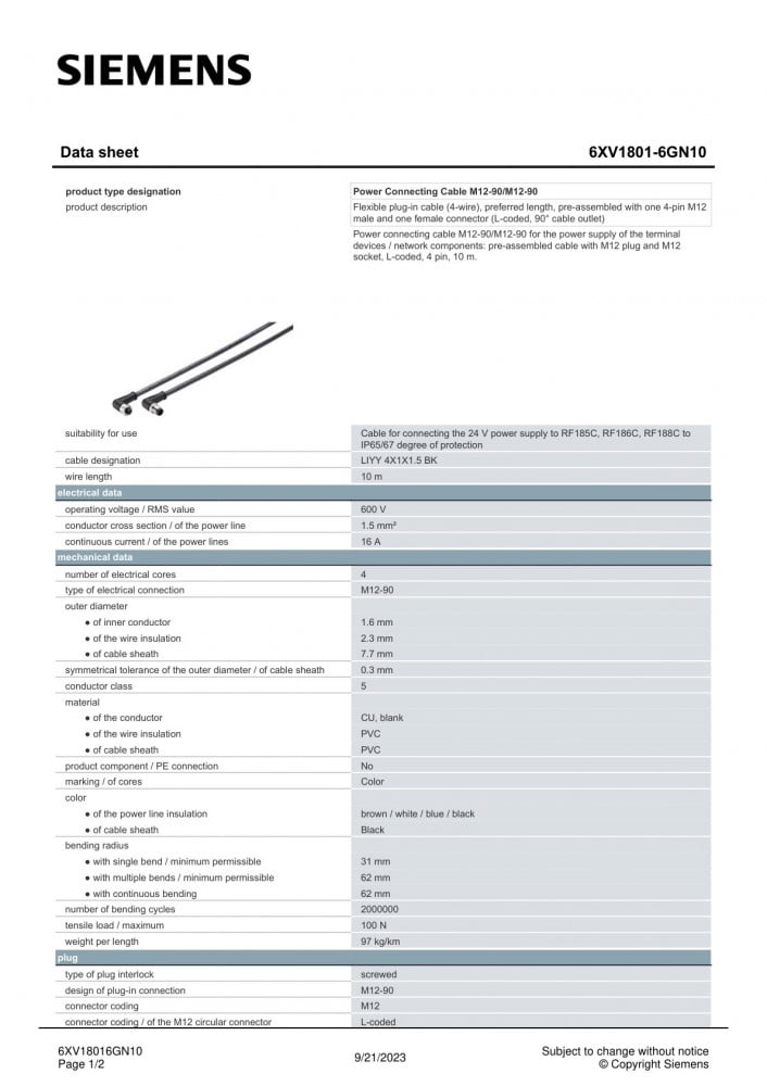 SIEMENS 6XV18016GN10 technical document page 1