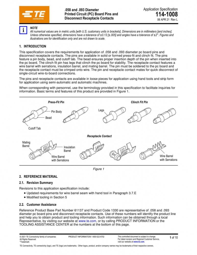 TE Connectivity application specification page 1