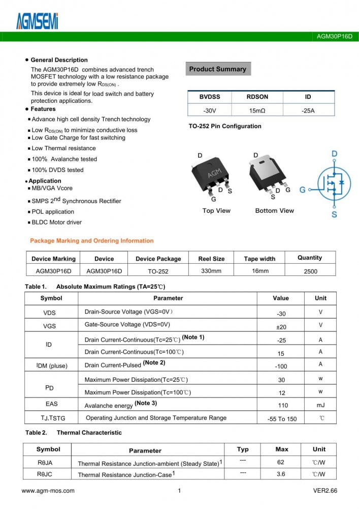 AGM30P16D datasheet page 1