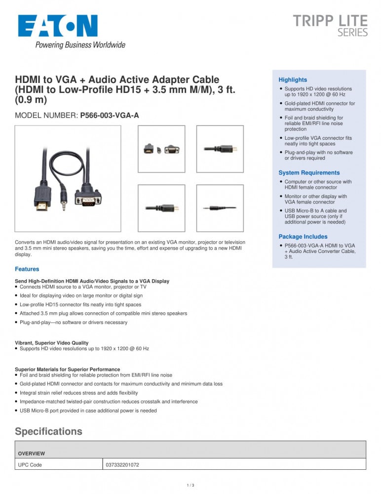 P566-003-VGA-A technical document page 1
