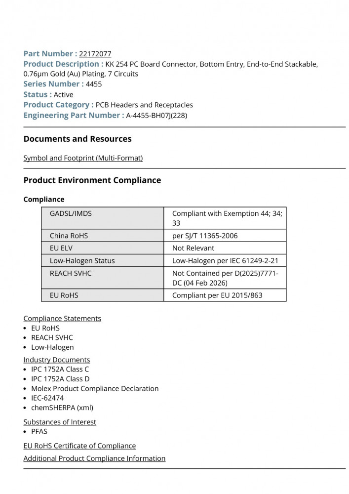 MOLEX 22172077 technical document page 1