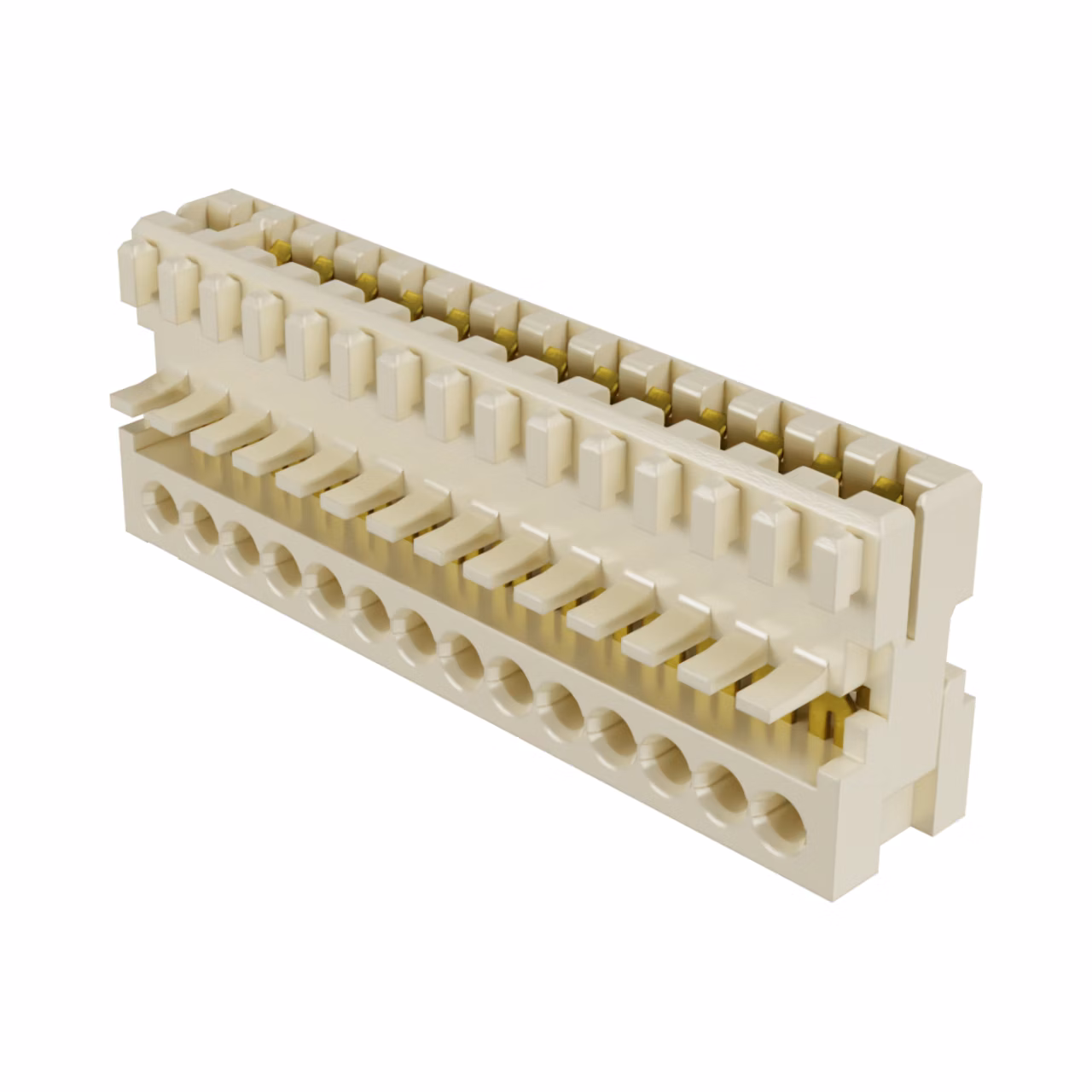 Appli-Mate RAST 2.5 Connector, 2.50mm Pitch, Female, 14 Circuits, Polarizing Rib Between 1/2, Locking Pips, Slotted Endwalls, Brown Color Stripe, Gold Plating for sale