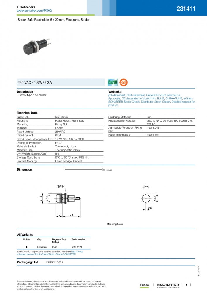 SCHURTER 7091.3120 product documentation
