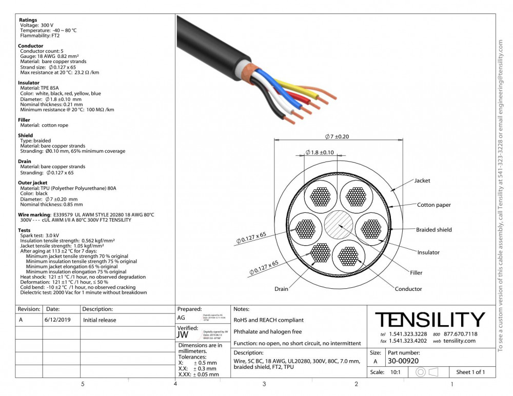 Tensility 30-00920 cable drawing and specification sheet