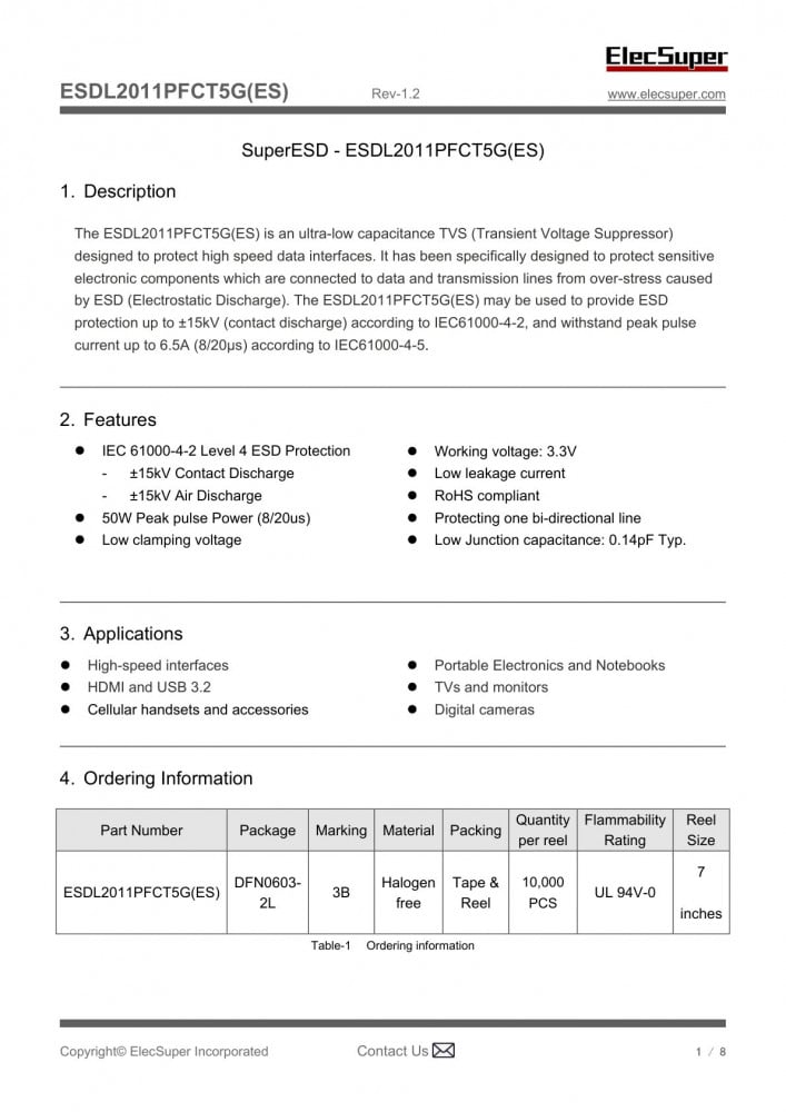 ESDL2011PFCT5G(ES) datasheet page 1
