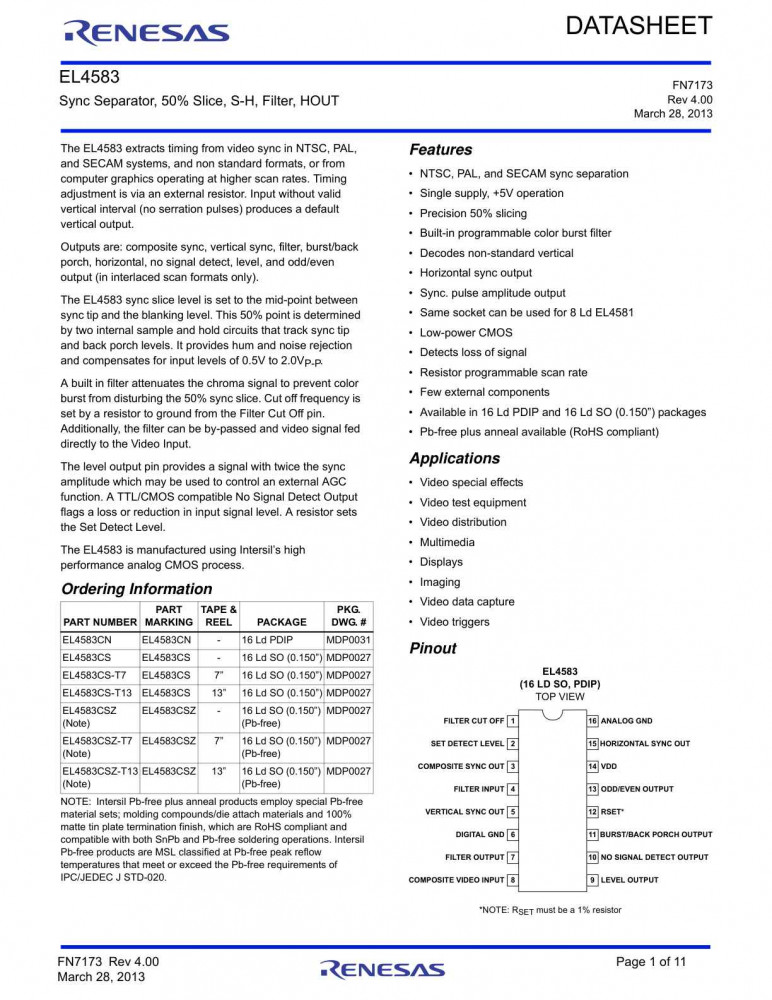 EL4583 datasheet page 1