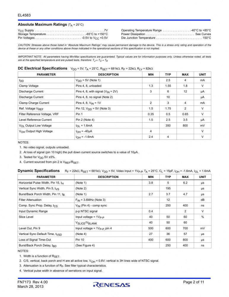EL4583 datasheet page 2
